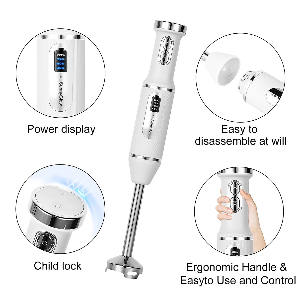 SunnyGlow Cordless Hand Blender: Rechargeable Cordless Immersion Blender Handheld, Powerful Detachable Easy Control Grip Stick Mixer Milkshakes | Smoothies | Soup| Puree | Baby Food