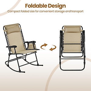 Yaheetech 26in Rocking Chair Outdoor Zero Gravity Folding Chairs Rocking Chairs Foldable Outdoor Lounge Chair for Outside Lawn with Cupholder/Pillow Ergonomic Design for Rest, Beige