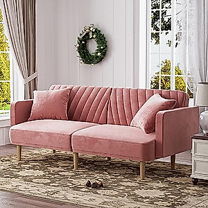 OUYESSIR Futon Sofa Bed, Convertible Sleeper Sofa with Wood Legs, 74.5“ Splitback Sofa with 2 Pillows, Velvet Futon Couch for Living Room (Rose Pink)