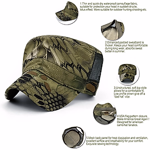 Rayna Fashion Mesh Snake Camouflage Camo Cadet Army Cap Adjustable USA American Flag Military Hat Flat Top Baseball Sun Cap Mandrake