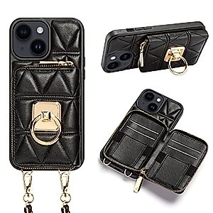 CUSTYPE Compatible with Phone 14 Plus Case Wallet with Card Holder,360 Rotation Ring [Two-Way Stand],Leather Zipper Wallet Case with Crossbody Strap for iPhone 14 Plus,6.7 Inch,Black