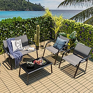 Tangkula 4 Pieces Patio Furniture Set, Outdoor Conversation Set with Tempered Glass Coffee Table, Outdoor Bistro Set with Fabric and Anti-Rust Steel Frame for Garden, Poolside and Backyard (Gray)