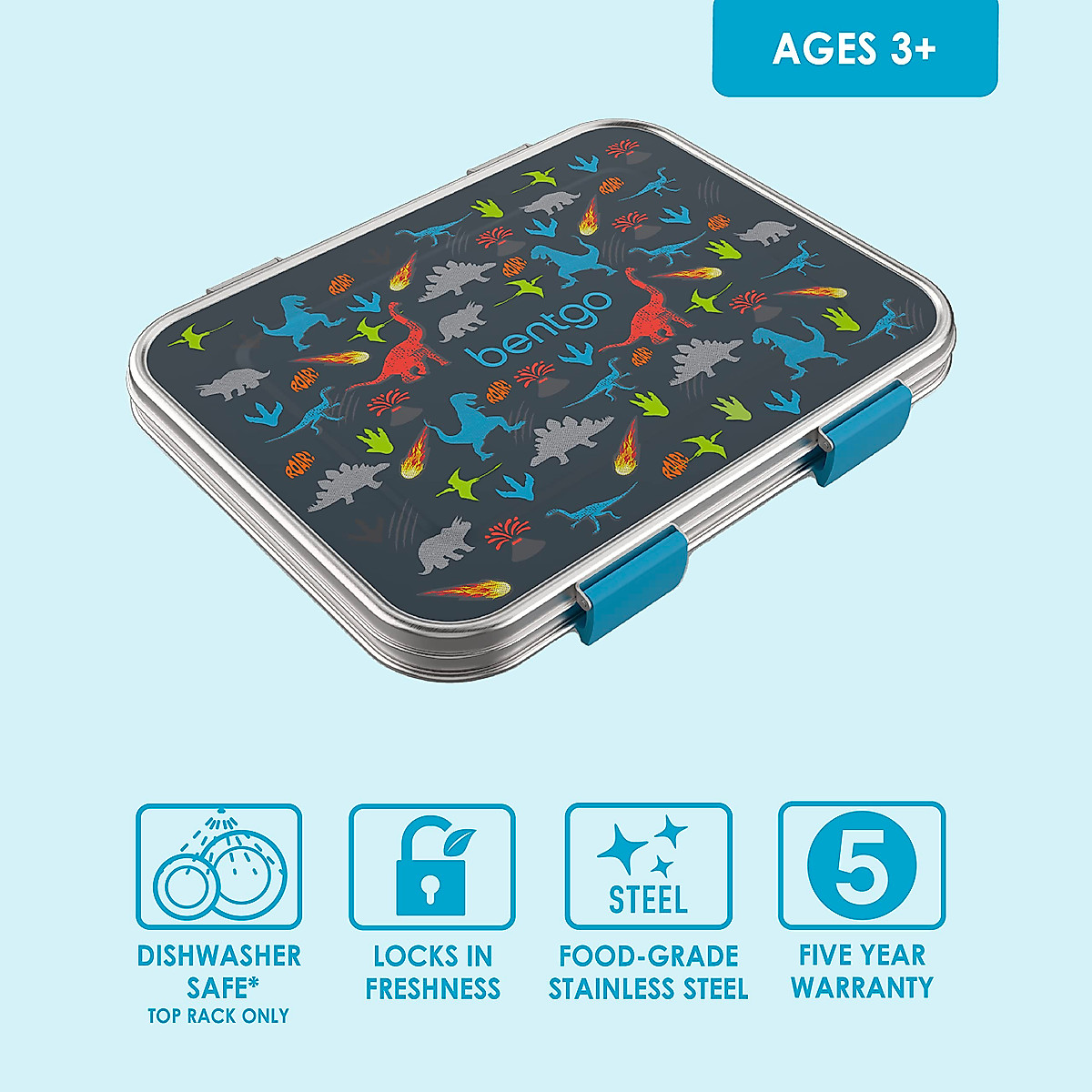 Bentgo® Kids Stainless Steel Prints Leak-Resistant Lunch Box - New Improved 2022 Bento-Style with Updated Latches, 3 Compartments & Bonus Container - Eco-Friendly, Dishwasher Safe, BPA-Free (Dinosaur)