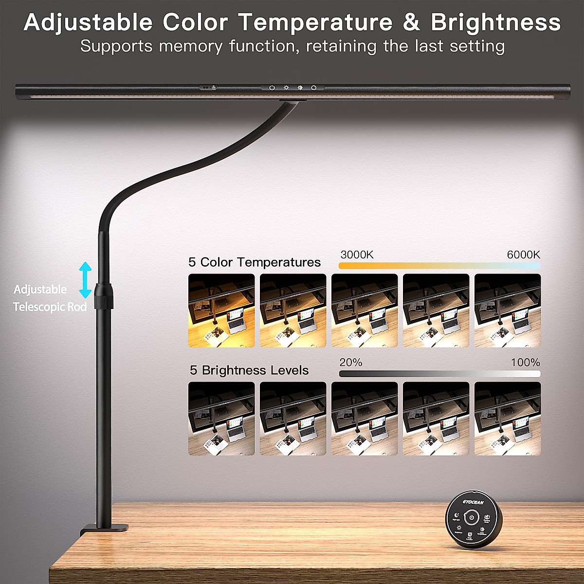 EYOCEAN Desk Lamp with Clamp, 31.5" LED Desk Lamp for Home Office, 24W Gesture Sensing Control Desk Light, Dimmable & Color Temperature, Eye-Caring Office Lamp, Architect Lamp for Screen Task Lamp