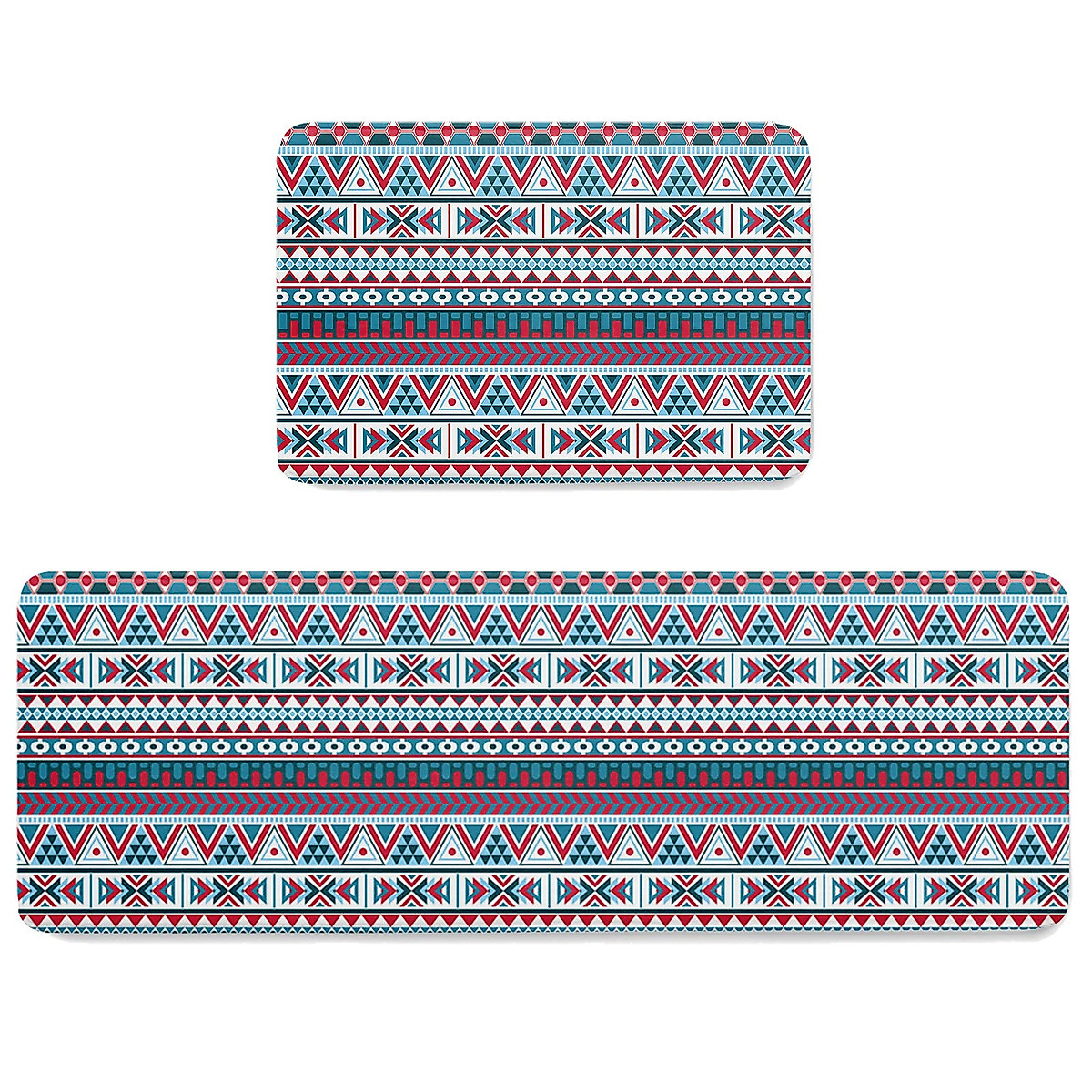 Native American Kitchen Rugs Set 2 Piece 15.7x23.6in+15.7x47.2in, Non-Slip Kitchen Mats Set Rubber Backing Indoor Entry Door Mat Carpets - Geometric Triangle Aztec Tribal Ethnic Style
