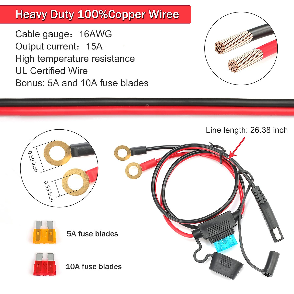SINGARO 26-inch Battery Ring Terminal Connect/Accessory Cable, Car Interior Accessories, 16AWG SAE to O Ring Terminal, Replaceable 5A, 10A, 15A Fuse Inserts