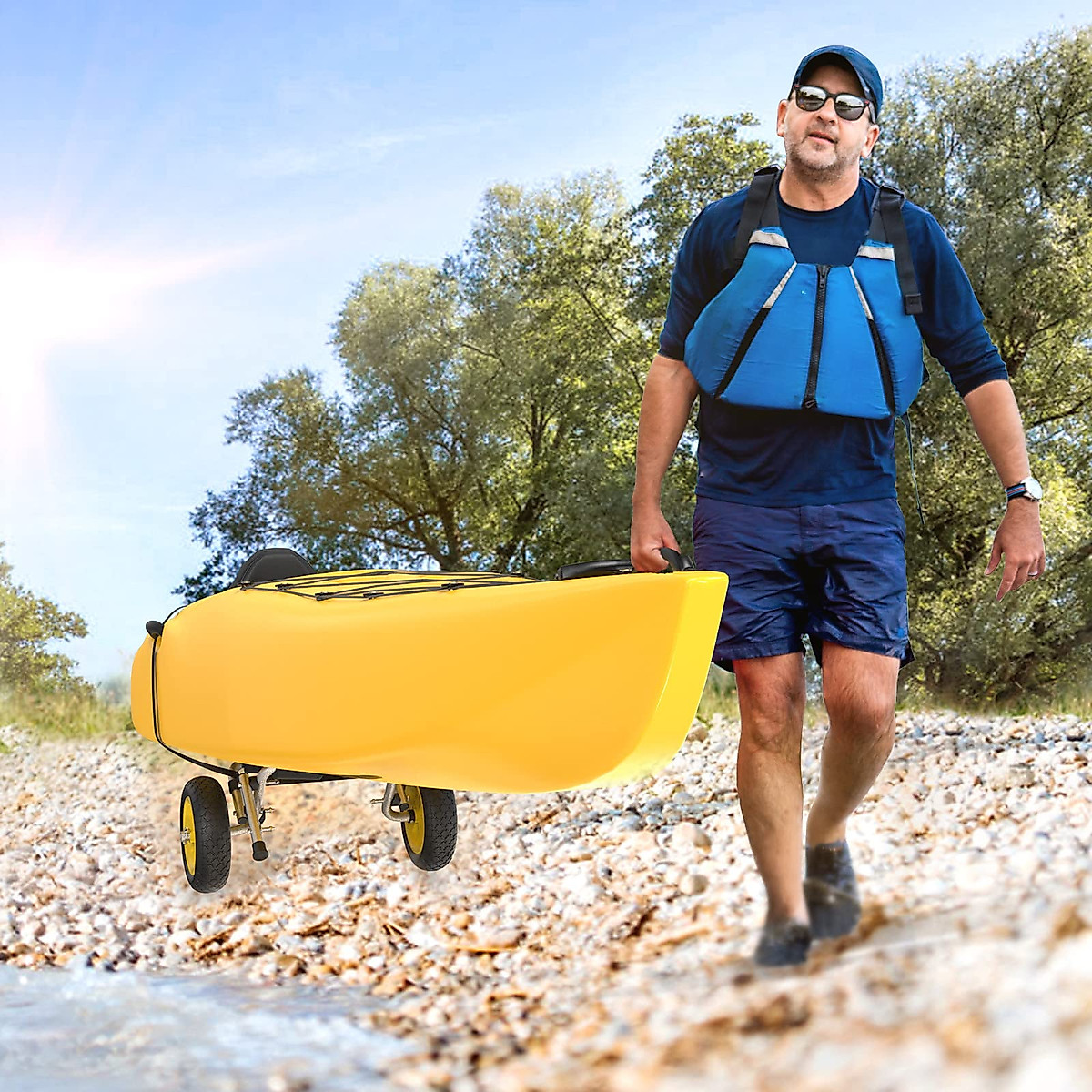 Bonnlo Kayak Car Foldable Aluminum Kayak Trailer with 10'' Solid Tires, Universal Kayak Wheels Kayak Cart Dolly for Kayak, Canoe, Paddle Board, Boat, Float Mats, Jon Boat