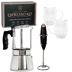 Ranza Home Moka Pot Stovetop Espresso Maker Set, With 9 Cup Coffee Percolator Pot, 2x Glass Coffee Mugs (12oz) and Milk Frother for Coffee. Stove Top Cafetera Greca, Cuban or Italian Coffee Maker