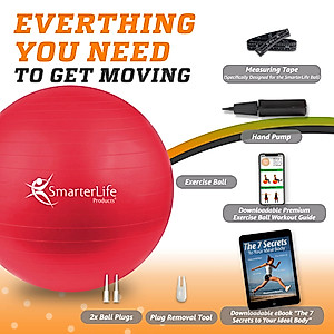 SmarterLife Workout Exercise Ball for Fitness, Yoga, Balance, Stability, or Birthing, Great as Yoga Ball Chair for Office or Exercise Gym Equipment for Home, Non-Slip Design (65 cm, Red)