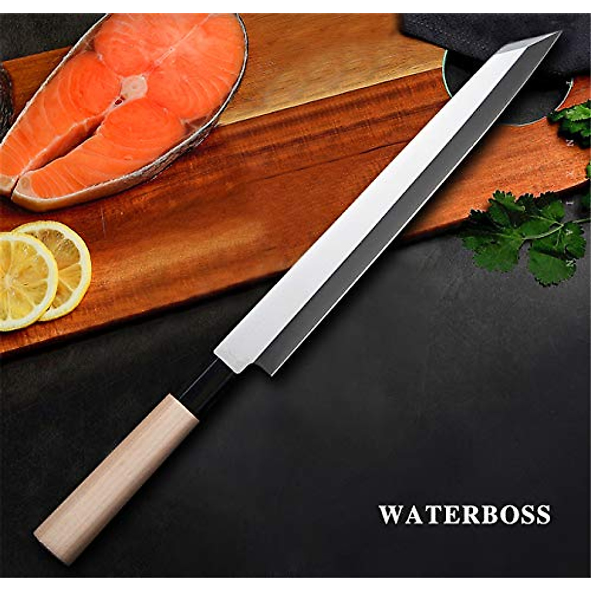 Waterboss,Japanese Yanagi Kiritsuke Sushi Sashimi Chef Knife Salmon Knife Slicer Razor Sharp Sashimi Watermelon Knives, 5Cr15mov Stainless Steel Sashimi Yanagiba Knife, Maple Handle, 10.6 inch (270mm)