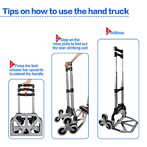 Double Rhombus Stair Climbing Cart Portable Folding Hand Truck, 330 LBS Capacity Aluminium Trolley with 3-Level Height Adjustable Telescoping Handle, 6 Rubber Wheels, 2 Bungee Cords, All Terrain