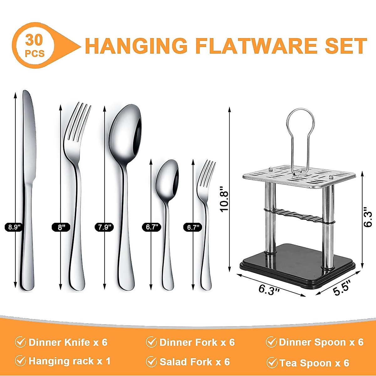 KLUSIET 30 Pcs Stainless Steel Silverware Set with Stand, Hanging Flatware Set Service for 6, Eating Tableware Set Include Main Knife, Main Fork, Main Spoon, Small Fork, Small Spoon(Silver)