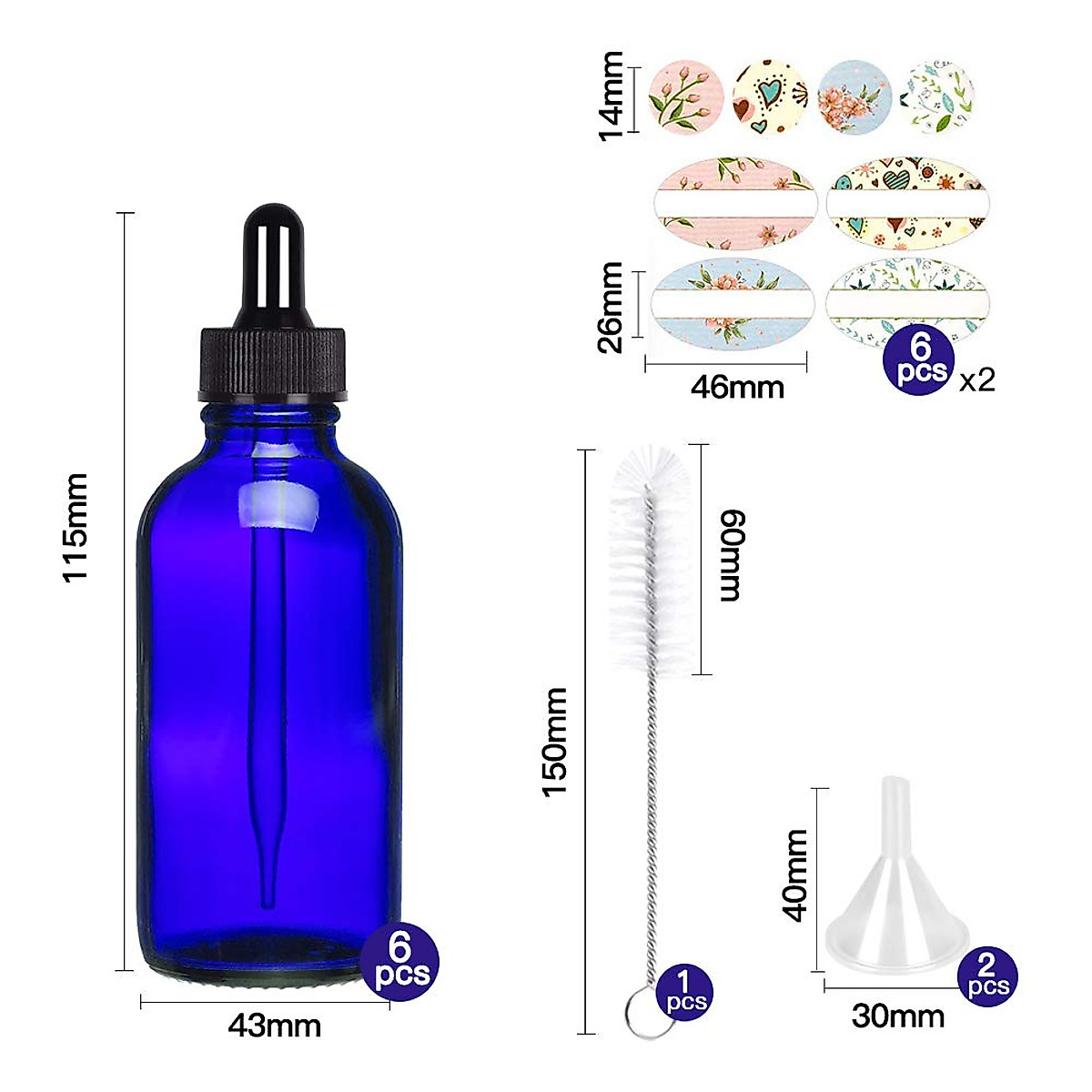 STARSIDE 6 Pack 120 ml 4 oz Amber Glass Bottles with Glass Droppers and Black cap.Glass Dropper Bottles for Essential Oils,Lab Chemicals,Colognes,Perfumes.Included 1 Brush,2 Funnels and 12 Labels.