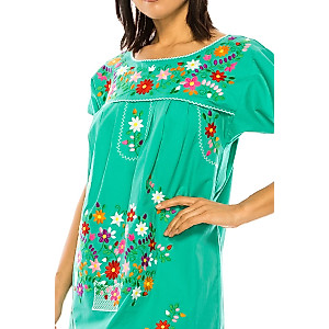 unik Embroidered Traditional Mexican Midi Dress (Mint, 2XL)