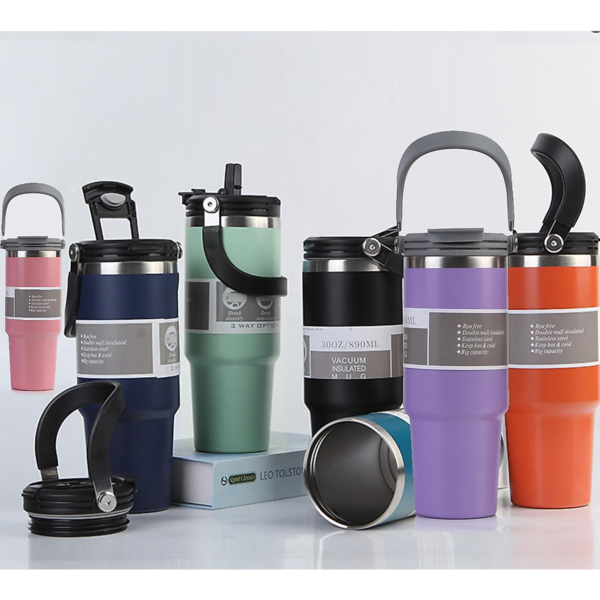 Insulated Straw Mug, 30 oz Anti-Leak Tumbler with 3-Way Lid: Sip, Straw, or Pour - Stainless Steel Travel Coffee Mug Fit Cupholder with Easy-to-carry Handle (Pink)