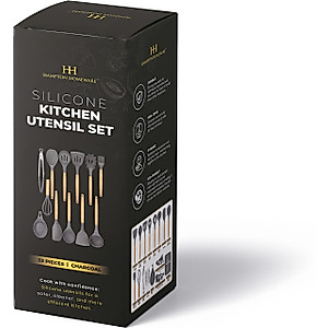 Kitchen Utensils Set, 33 pcs Non-Stick Silicone Cooking Utensils Set, Heat-Resistant Silicone, Wooden Utensils for Cooking, Kitchen Gadgets Spatula Set, Apartment Essentials Kitchen Set (Charcoal)