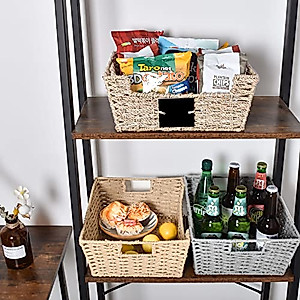 OUTBROS Storage Box Hand-Woven Wicker Storage Baskets, Multipurpose Open-Front Bin, Shelf Nesting Baskets, Desktop Makeup Organizer Container with Built-In Carry Handles, Paper Rope, Natural