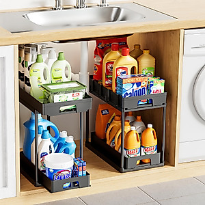 Delamu Under Sink Organizers and Storage, 2 Pack Pull Out Kitchen Bathroom Cabinet Organizer, 2 Tier Black Under Sink Storage for Bathroom Kitchen, Under Counter Storage Organizer with 8 Hooks