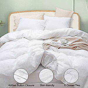 PHF Cotton Waffle Duvet Cover Queen Size, Ultra Soft Cotton Blend Comforter Cover Set, Comfy Breathable and Decorative Duver Cover Set with Pillow Shams Bedding Collection, 90"x90", White