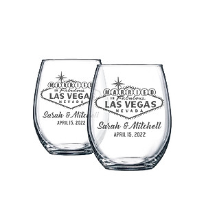 Alterd Industries Married in Vegas - Las Vegas, Personalized Engraved Glasses, Wedding Gift, Enganged Couples Gift, Toasting Glasses, Beer Glasses (Stemless Wine Glasses)
