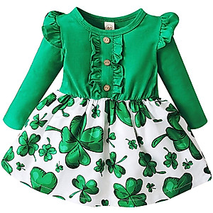 Toddler Baby Girl St. Patrick's Day Dress Ruffle Long Sleeve Top Lucky Clover Print Skirt Outfits (Green-, 18-24 Months)