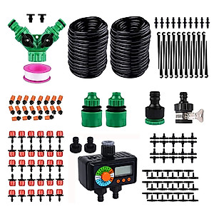 100ft/30M Drip Irrigation Kit 154PCS DIY Automatic Garden Irrigation System with 2 Outlet Water Sprinkler Timer for Garden,Greenhouse 1/4" Tubing Hose Adjustable Nozzles Micro Drip Set