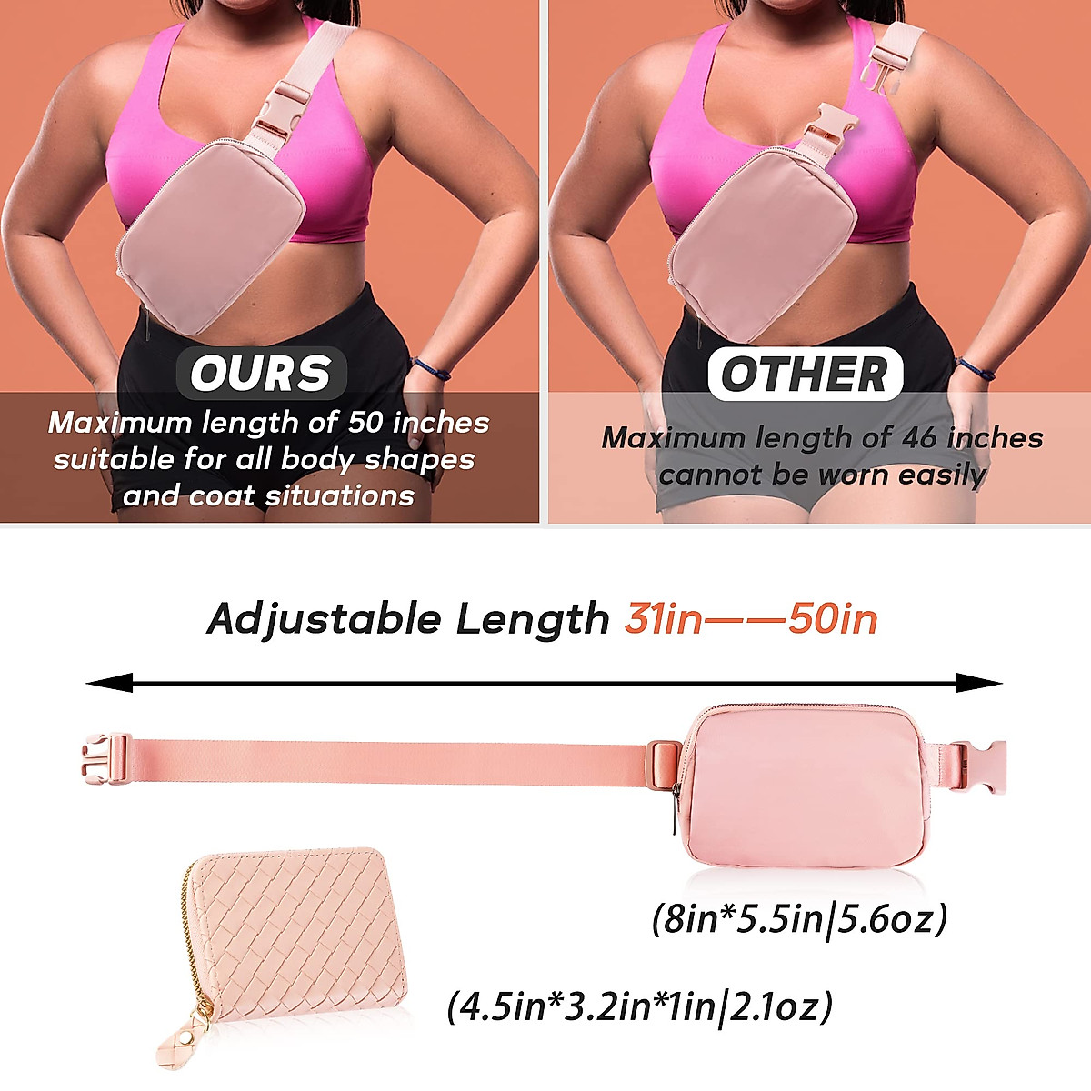 Everywhere Belt Bag with Card Holder Wallet for Women, Fanny Pack Crossbody Bags with Longer-length Adjustable Strap, Unisex Fashion Waist Packs for Workout Travelling Running (Pink)