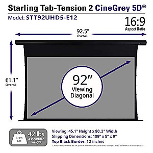Elite Screens Starling Tab-Tension 2 CineGrey 5D, 92" 16:9, 8K 4K Ultra HD Ready Ceiling and Ambient Light Rejecting Electric Projector Screen, CineGrey 5D Projection Material, STT92UHD5-E12