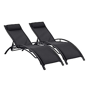 Ainfox Outdoor Chaise Lounge Chairs, Patio Adjustable Lounge Chairs Set of 2, Beach Pool Sunbathing Lawn Lounger Recliner Chair with Armrest and Removable Cushions(Black)