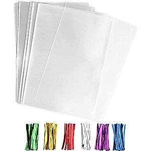 300 pcs Clear 4" x 6" Flat Cello Cellophane Bags Poly Treat Bags 2.8 mils for Gift Wrapping, Bakery, Cookie, Candies, Toast, Dessert, Party Favors Packaging with Color Twist Ties