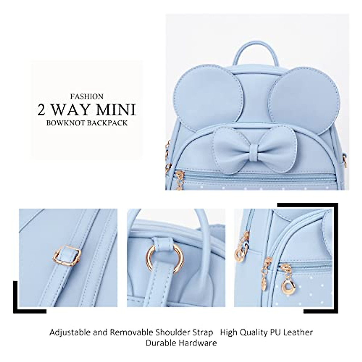 KL928 Girls Mini Backpack Bowknot Polka Dot Cute Daypacks Convertible Shoulder Bag Purse for Women (L.Blue)