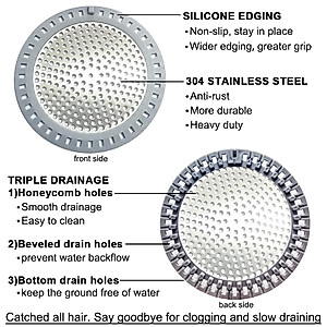 Seatery 2PCS Shower Drain Hair Catcher/Strainer/Cover/Filter/Trap, Bathtub Catcher, Stopper for Stall Drain/Bathroom Floor Drain, Stainless Steel and Silicone Shield