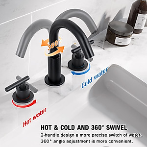 Qomolangma Black Bathroom Faucets for Sink 3 Hole, 8 inch Widespread Bathroom Faucet, 2-Handle Bathroom Sink Faucet, 360° Swivel Spout Lavatory Sink Faucet with Water Supply Lines & Pop Up Drain