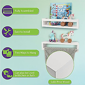 Nursery Book Shelves Wooden, Set of 2 - White Floating Book Shelves for Baby Nursery Shelf Decor and Kids Room - Nursery Wall Shelves, Floating Shelves for Books, Toys, Blankets, and Other Items