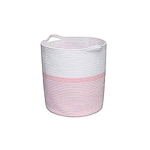 Pink Cotton Rope Laundry Basket with Handles Woven Portable Basket Cute Pink Nursery Blanket Storage Basket for Girl Clothes Hamper Home Decor Basket