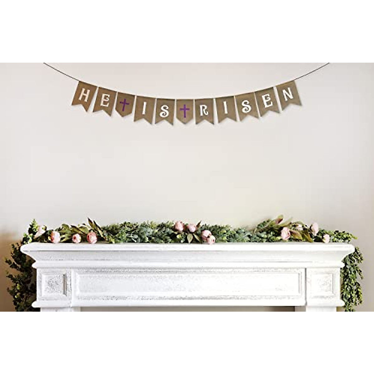 HE IS RISEN Burlap Banner - Easter Bunting Decoration with Crosses - Religious Holiday Bunting Wall Hanging - Ready to Hang Church Prop Decorations by Jolly Jon