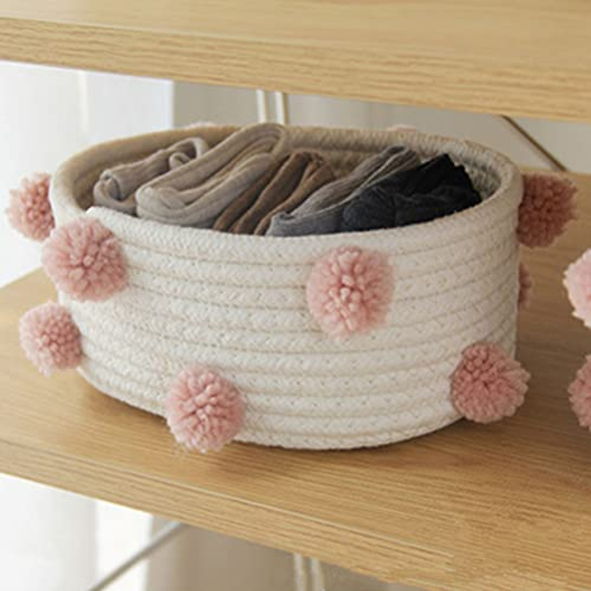 Cotton Rope Basket Storage Bin: Cotton Storage Baskets Woven Blanket Baskets with Pompom Round Storage Organizer for Dirty Clothes Pet Kids Small Items Storage 20X15CM