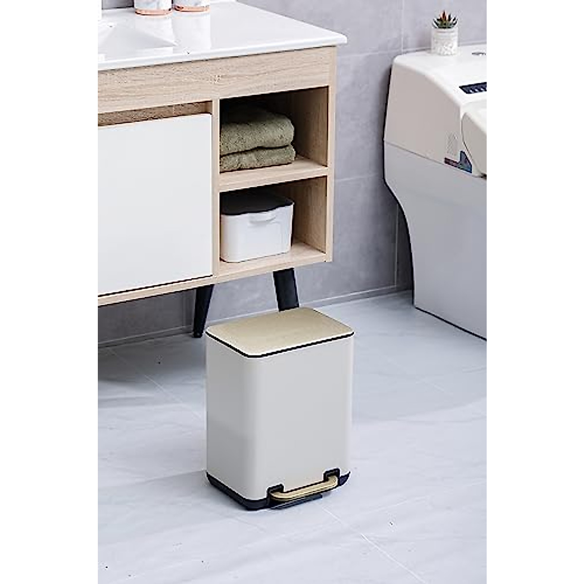 SunnyPoint 6 Liter / 1.58 Gallon Trash Can with Plastic Inner Buckets; Rectangle Bathroom, Office, Kitchen, and Bedroom Step On and Slow Close (WHT+Gold)