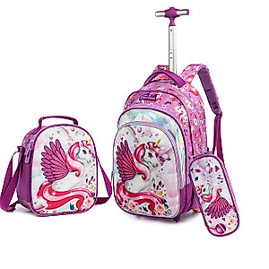 ZBAOGTW Rolling Backpack for Girls,Unicorn Rolling Backpack with Lunch Box and Pencil Bag, Adjustable Length Wheeled Backpack for School,Travel,Picnic