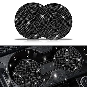 UGSHY 2 PCS Car Cup Holder Coasters, 2.7In Bling Crystal Rhinestone Rubber Vehicle Cup Mats, Universal Anti-Slip Durable Automotive Interior Decoration Accessories for Cars Trucks SUVs (Black)