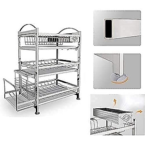 Plate Rack Dish Drainer Rack Stainless Steel with Knife Utensil Basket Removable Tray Large Space to Hold Dishes Bowls and Spoons Pan Plate Holder (Color : Silver, Size : 40.5x29x62cm)