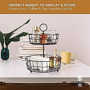 2 Tier Fruit Basket for Kitchen Regal Trunk & Co, Wire Fruit Organizer Bowl for Kitchen, Tiered Fruit Holder for Countertop or Hanging, Matt Brown Fruit stand in Metallic Frame Produce Holder