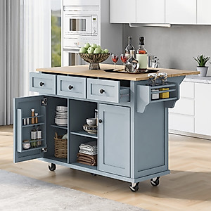Modern Mobile Kitchen Island Cart with Rubber Wood Drop-Leaf Countertop and Internal Racks,5 Wheels and 3 Drawers,Storage Cabinet,Spice Rack &Towel Rack (Grey Blue#z)