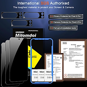 Milomdoi 3 Pack Privacy Screen Protector for Google Pixel 8 Pro with 3 Pack Tempered Glass Camera Lens Protector, Ultra 9H Accessories, Case Friendly, Mounting Frame, 2.5D Curved