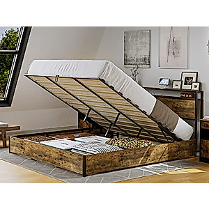 IKIFLY California King Size Lift Up Storage Bed - Metal Cal King Platform Bed Frame with 2-Tier Storage Shelf Headboard & Charging Station, Solid Wood Slats, No Box Spring Needed - Rustic Brown