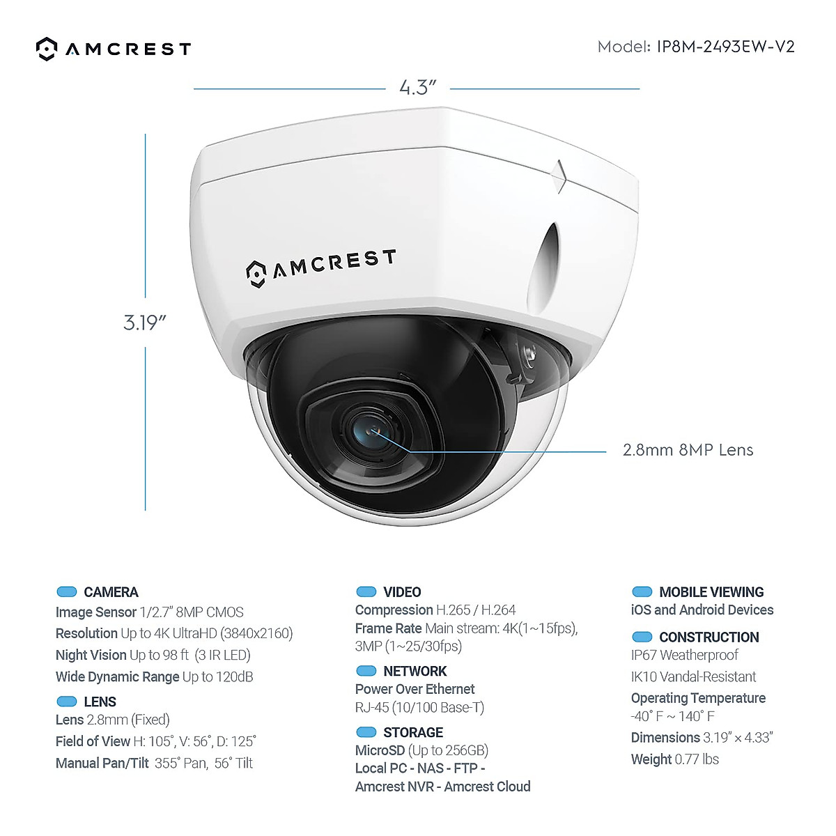 Amcrest 2-Pack UltraHD 4K (8MP) Dome POE IP Camera, 3840x2160, 98ft NightVision, 2.8mm Lens, IP67 Weatherproof, IK10 Vandal Resistance, MicroSD Recording, White (IP8M-2493EW-V2)