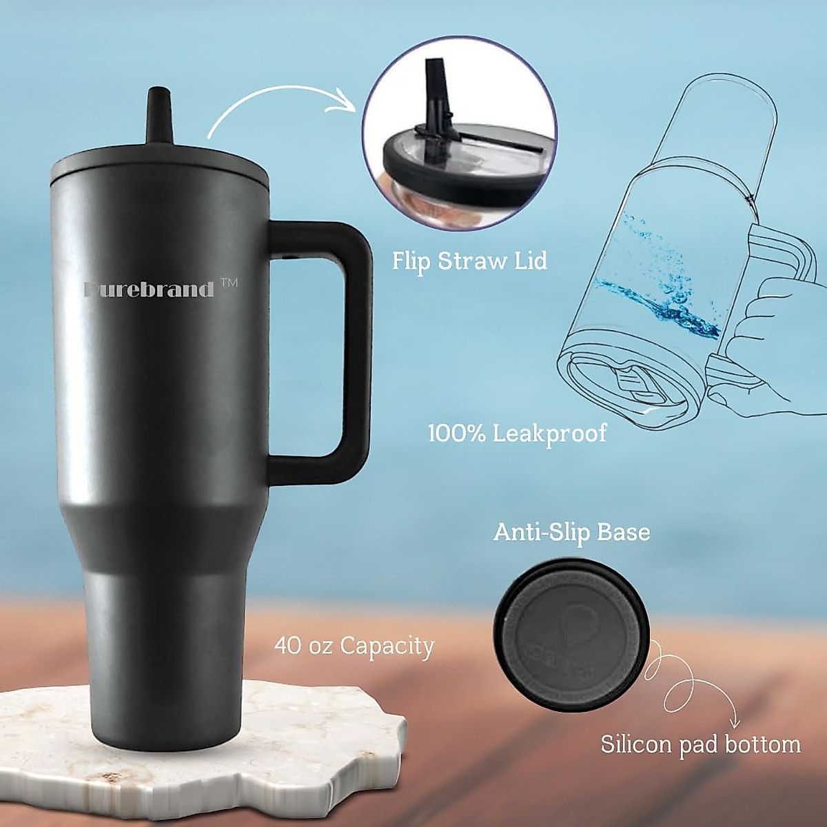 40 oz Tumbler. 100% Leak-Proof Splash-Proof Spill-Proof Lid with Handle and Flip Straw. Double Wall Vacuum Insulated Stainless Steel for Hydration at Home Office Car Gym and Playgrounds (Black)