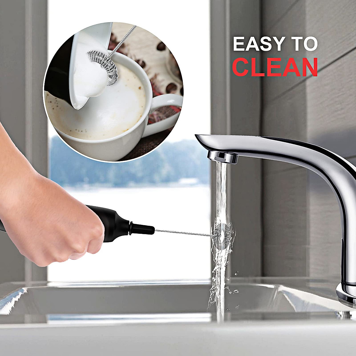 Bonsenkitchen Electric Milk Frother Handheld, Portable Whisk Milk Foam Maker with Stainless Steel Stand, Battery Operated Drink Hand Mixer for Coffee, Matcha, Electric Stirrer Coffee Mixer Wand