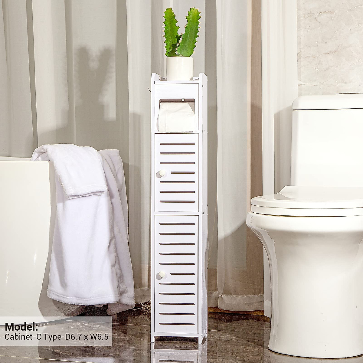 Bathroom Storage Cabinet for Small Space with Doors and Shelves, 4-Tiers Narrow Bathroom Cabinet,Waterproof Toilet Paper Storage Organizer with Toilet Paper Roller,Accommodate Mega Rolls(White 2Pack)