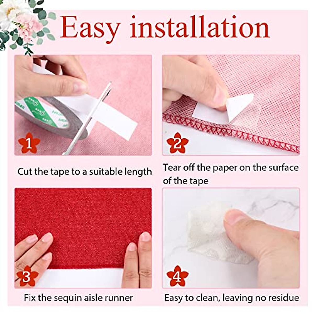 Shihanee Sequin Aisle Runner for Weddings 2 x 15 ft Glitter Wedding Rug Runner with Carpet Tape Sparkly Wedding Outdoor Floor Runner Floor Carpet Runner for Prom Ceremony Event Party Decoration (Red)